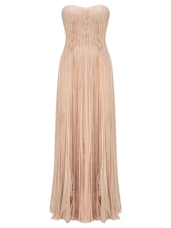 MARMAR HALIM Shirred Chiffon Strapless Maxi Dress - Neutral
