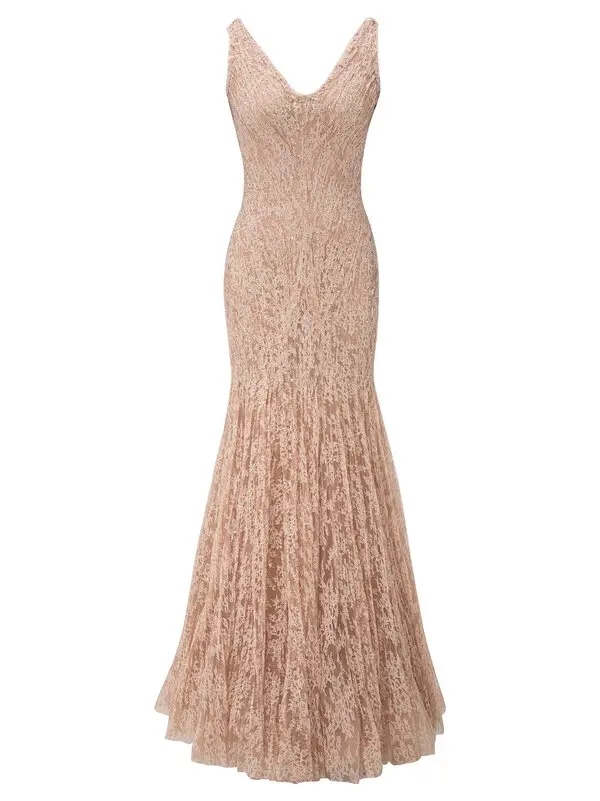 MARMAR HALIM Pleated Lace Mermaid Maxi Dress - Neutral