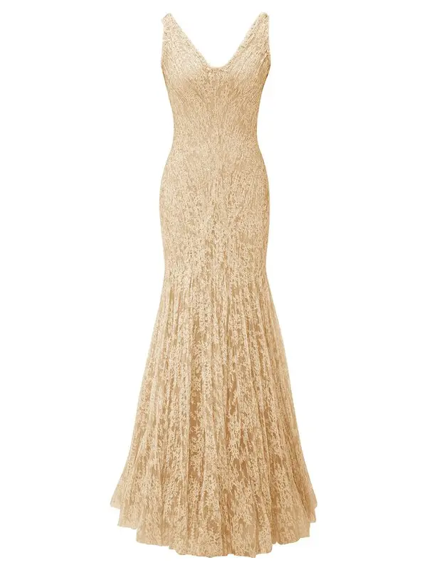 MARMAR HALIM Pleated Lace Mermaid Maxi Dress - Yellow