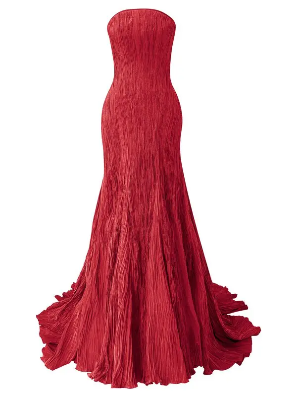 MARMAR HALIM Strapless Pleated Taffeta Mermaid Gown - Red