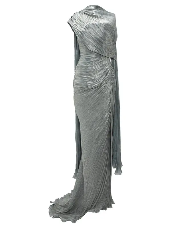 MARMAR HALIM Pleated Silk Strapless Maxi Dress With Cape Effect - Grey