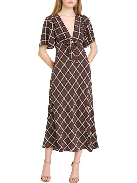 WAYF Jules Plaid Midi Dress With Flutter Sleeves - Brown Checker