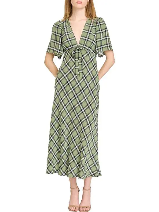 WAYF Jules Plaid Midi Dress With Flutter Sleeves - Olive Checker