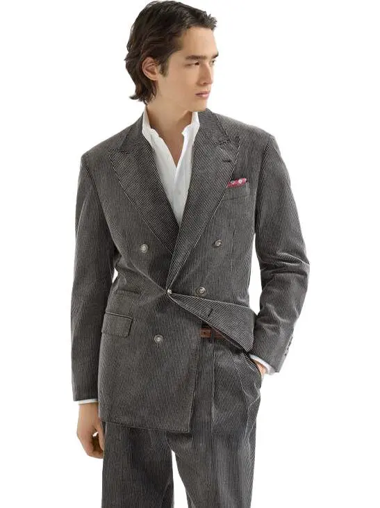 Brunello Cucinelli Frosted Cotton Corduroy One-and-a-half Breasted Tailor Blazer With Metal Buttons - Grey