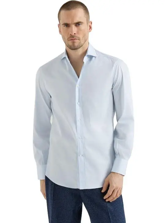 Brunello Cucinelli Twill Shirt With Spread Collar - Azure