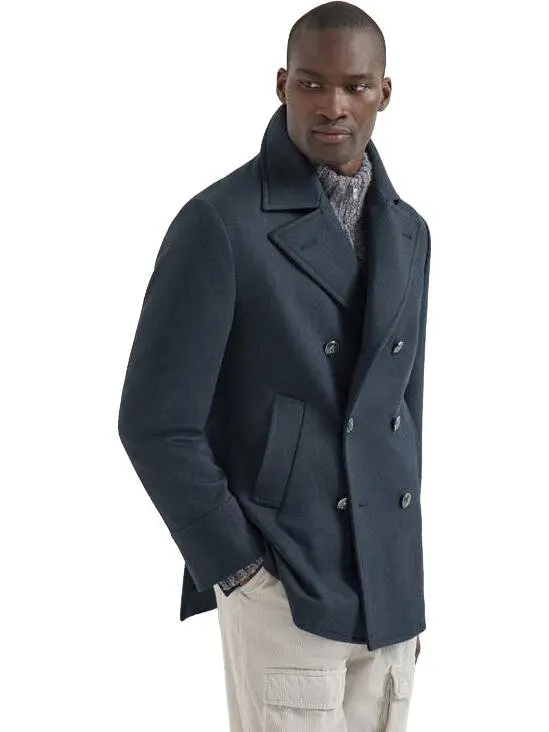 Brunello Cucinelli Wool And Cashmere Cavalry Pea Coat With Metal Buttons - Blue