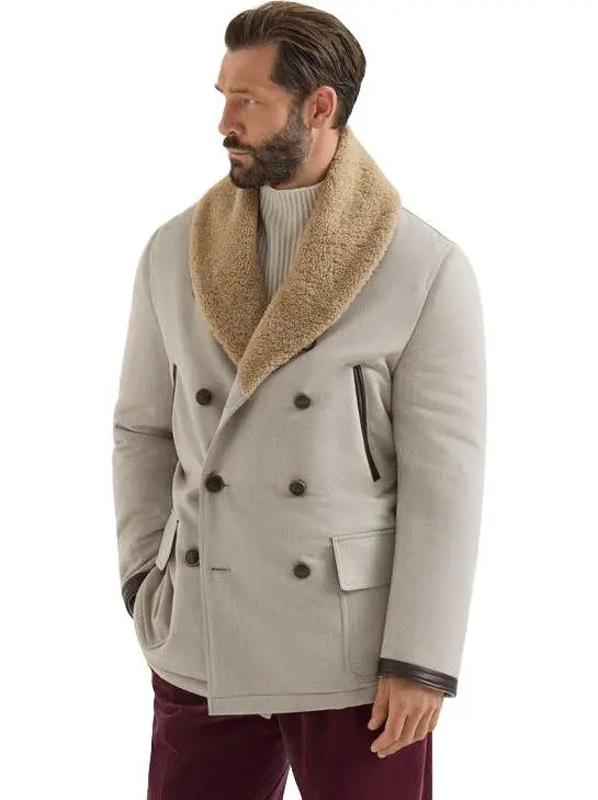 Brunello Cucinelli Wool And Cashmere Cavalry Coat With Shearling Collar And Thermore® Padding - Grey