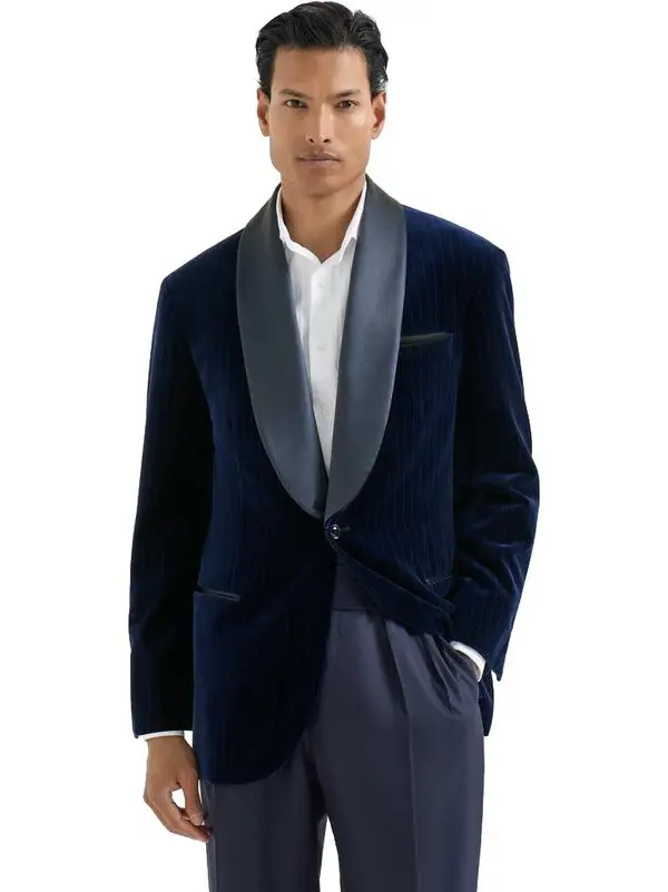 Brunello Cucinelli Cotton Chalk Stripe Velvet Tuxedo Jacket With Shawl Lapels - Navy Blue