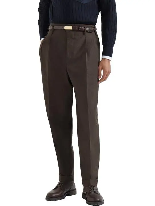 Brunello Cucinelli Virgin Wool Double Pleated Trousers - Rust Brown