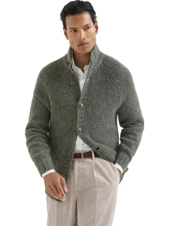 Brunello Cucinelli Cashmere And Silk High Collar Cardigan - Military