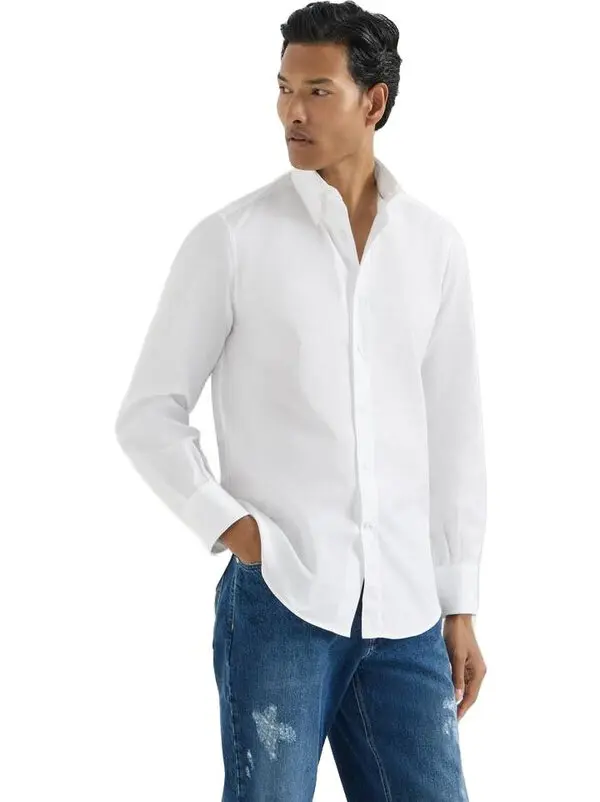 Brunello Cucinelli Twill Shirt With Button-down Collar - White