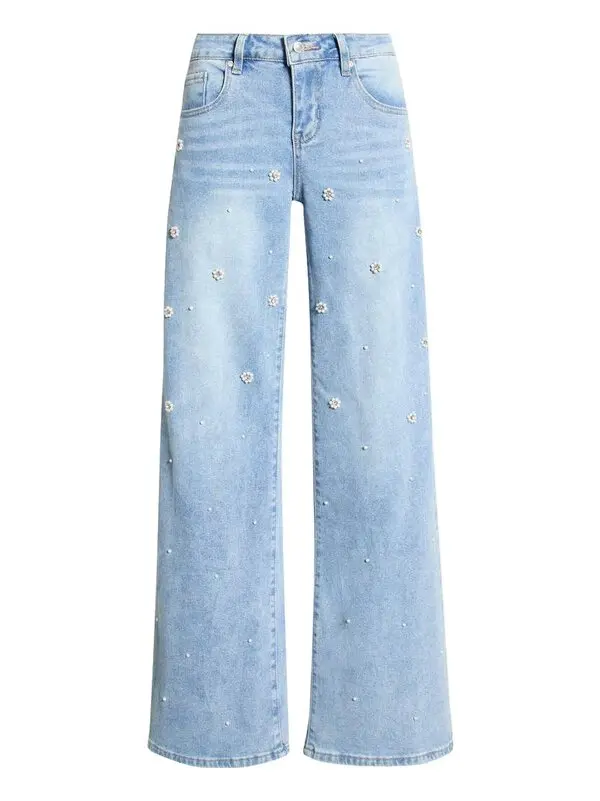 FADE OUT LOUD Frida Stretch Wide Leg Jeans With Embellishments - Light Wash