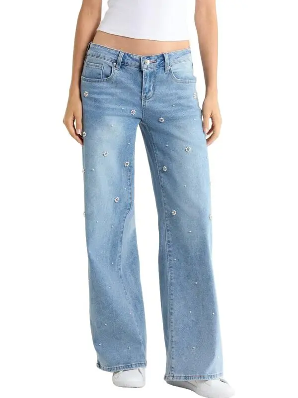 FADE OUT LOUD Frida Stretch Wide Leg Jeans With Embellishments - Light Wash