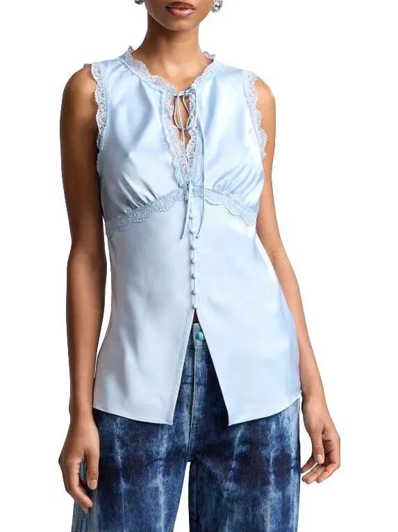 Avec Les Filles Lace Trim Keyhole Shell - Pale Blue