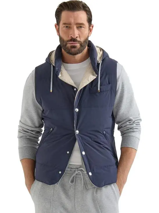 Brunello Cucinelli Bonded Nylon Down Vest With Detachable Hood - Blue