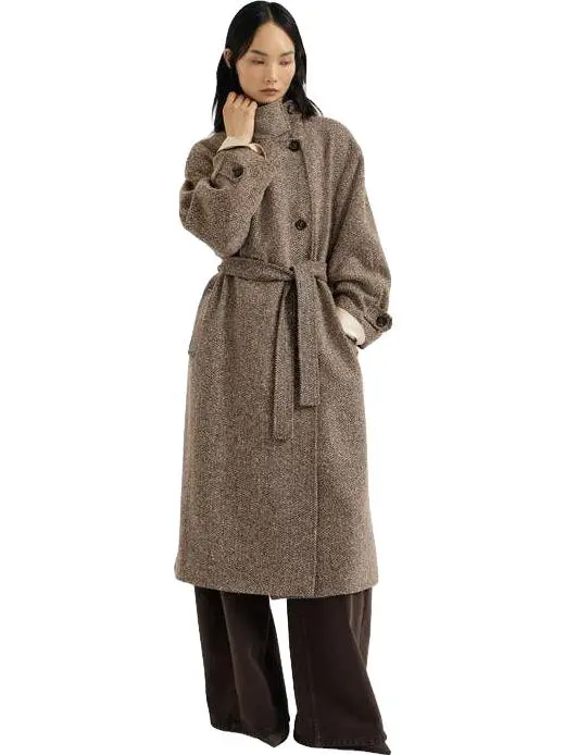 Brunello Cucinelli Sparkling Virgin Wool Chevron Belted Coat With Monili - Light Brown