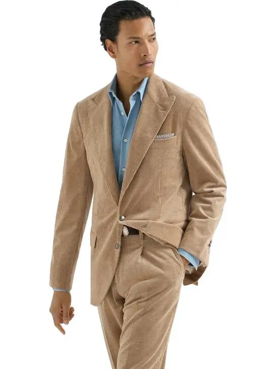 Brunello Cucinelli Comfort Cotton And Cashmere Corduroy Deconstructed Blazer With Large Peak Lapels And Metal Buttons - Camel