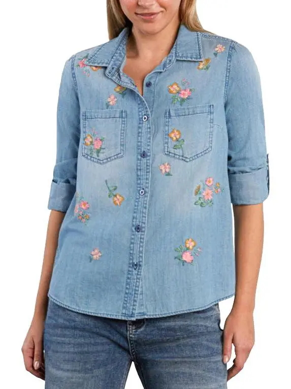 BILLY T Sunset Floral Embroidered Shirt - Washed Blue