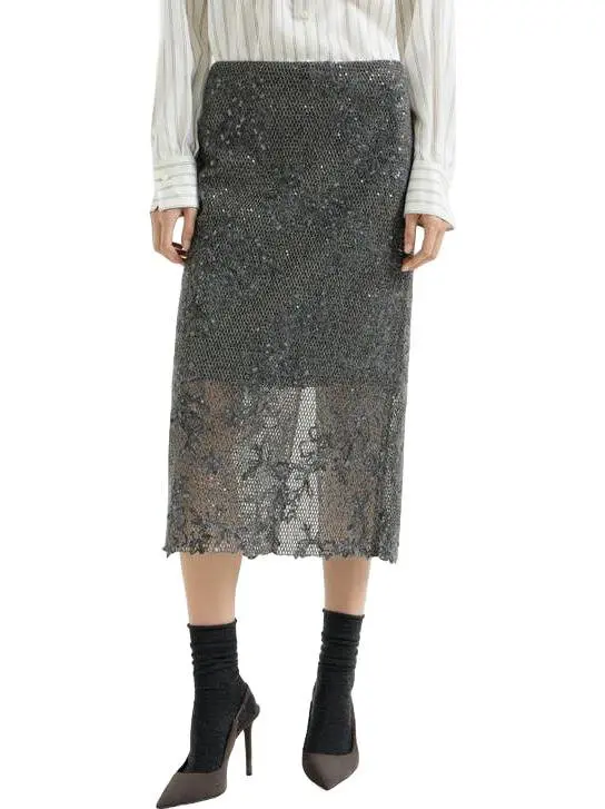 Brunello Cucinelli Sparkling Mohair And Wool Lace Embroidery Pencil Skirt - Dark Grey