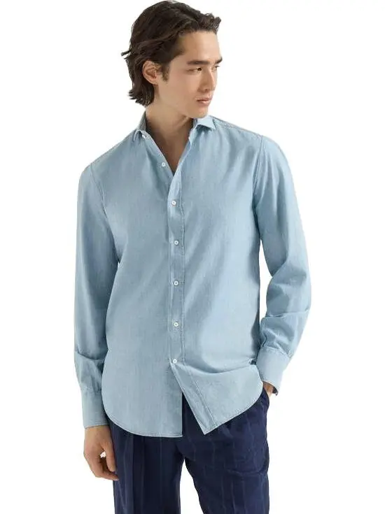 Brunello Cucinelli Denim-effect Chambray Shirt With Spread Collar - Medium Denim