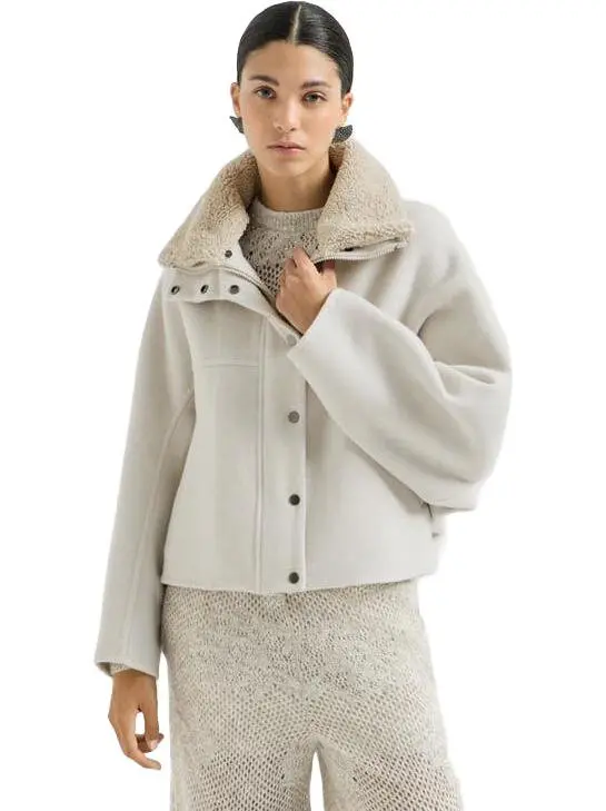 Brunello Cucinelli Hand-crafted Virgin Wool And Cashmere Double Cloth Jacket With Detachable Shearling Collar - Ivory