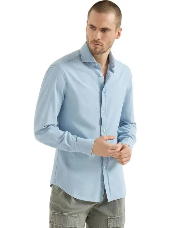 Brunello Cucinelli Denim-effect Chambray Shirt With Spread Collar - Medium Denim