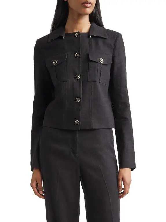 St. John Linen Blend Cropped Trucker Jacket - Black