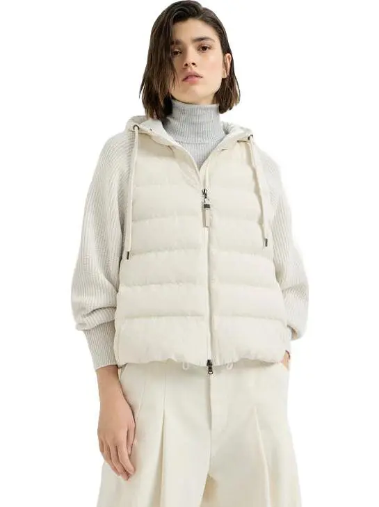Brunello Cucinelli Water-resistant Matte Nylon Hooded Down Jacket With Knit Sleeves And Monili - White