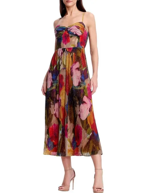 Dress The Population Zola Metallic Floral Sweetheart Neck Midi Dress - Bright Rose Multi