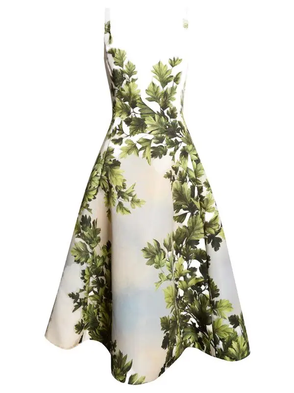 Oscar De La Renta Maple Leaves Print Fit & Flare Midi Dress - Green Multi