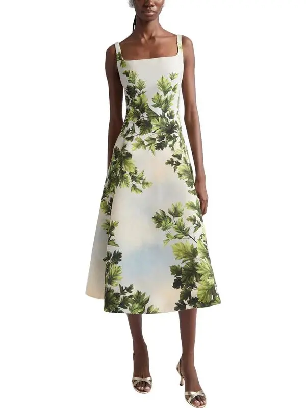 Oscar De La Renta Maple Leaves Print Fit & Flare Midi Dress - Green Multi