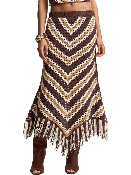 Avec Les Filles Chevron Crochet Fringe Midi Skirt - Brown Multi