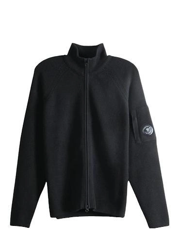C.P. COMPANY Waffle Knit Cotton Zip Lens Cardigan - Black