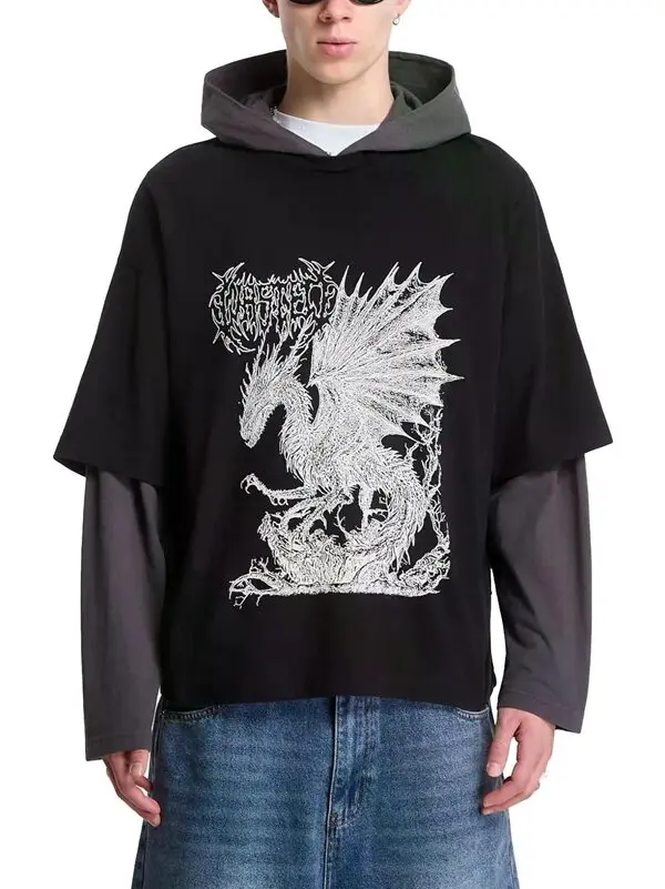 WASTED Layered Sleeve Hoodie With Graphic Print - Black