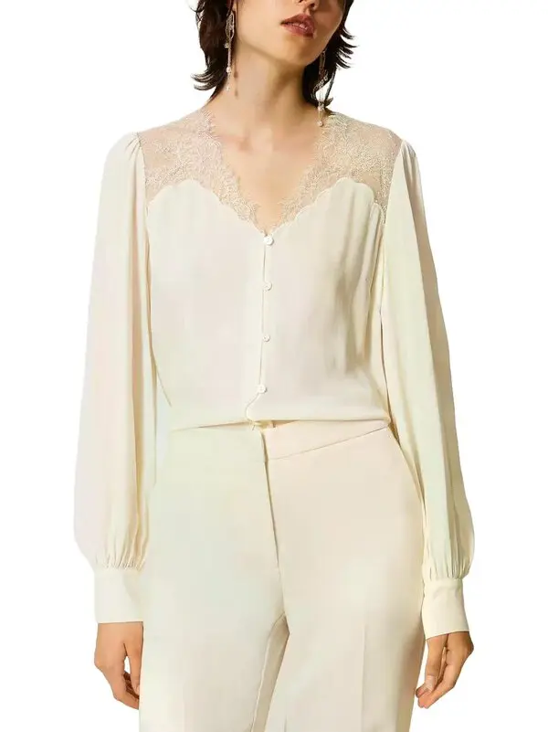 TWINSET Jacquard Crepe De Chine Shirt With Lace Yoke - Neutrals