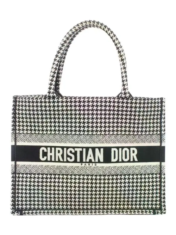 Dior Houndstooth Embroidered Book Tote Bag - Black