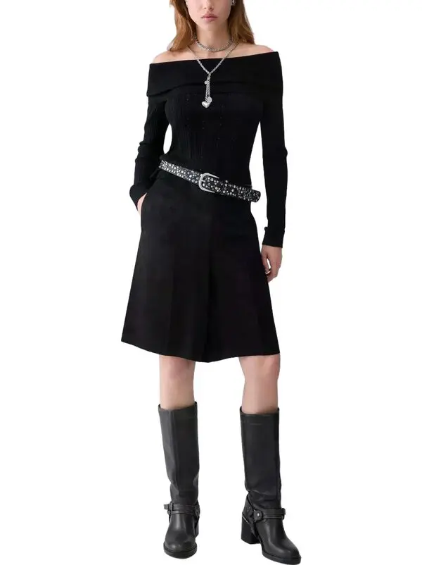 Liu Jo Off-the-shoulder Wool Sweater With Micro Studs And Side Slit - Black