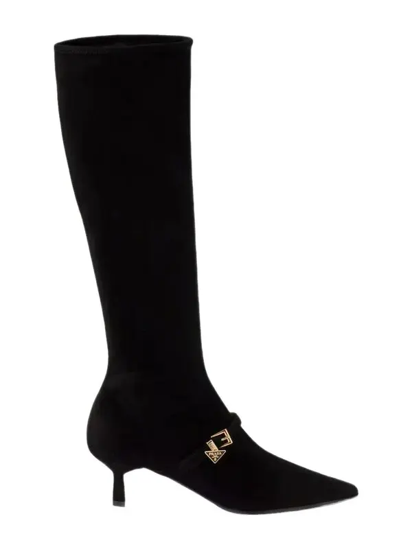 Prada Stretch Suede Pointed Toe Knee-high Boots With Kitten Heel - Black