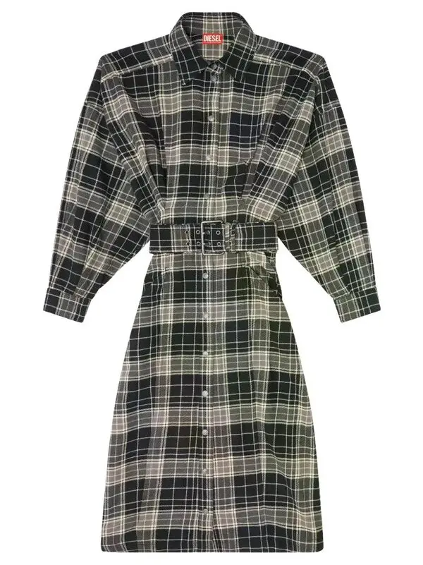 DIESEL® Midi Dress In Checked Flannel With Wide Belt - Black