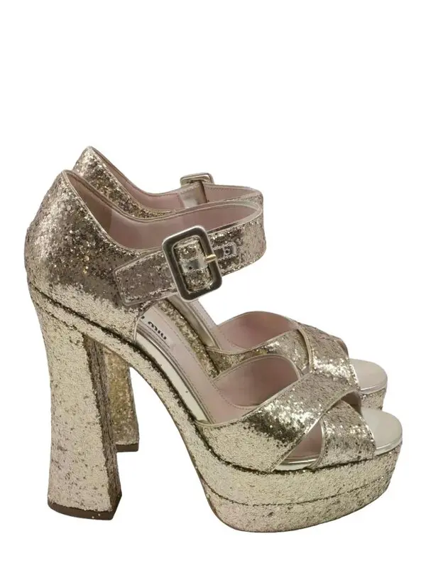 Miu Miu Glitter Platform Block Heel Mary Jane Sandals - Gold