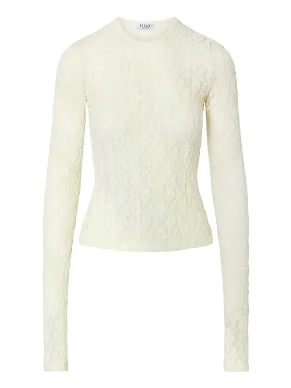 Liu Jo Stretch Lace Crewneck Long Sleeve Top - Neutrals