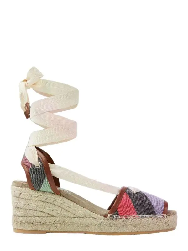 Versace Lola Striped Denim Wedge Espadrille Sandals - Neutrals