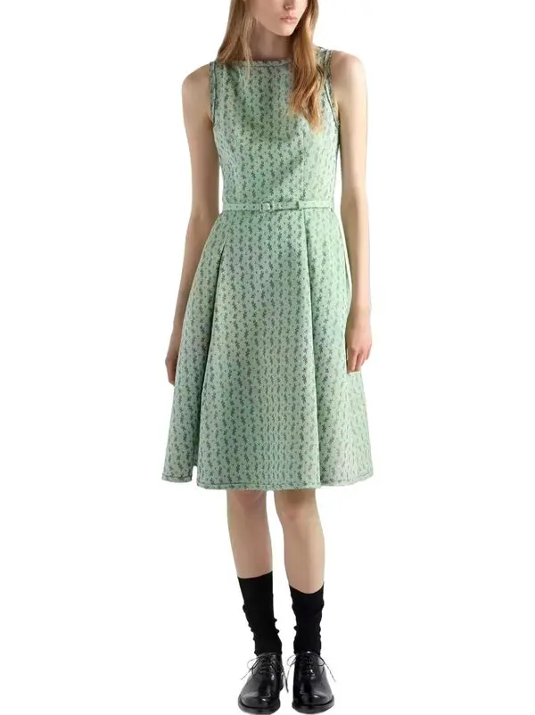 Prada Floral Print Duchess Fit And Flare Dress - Green