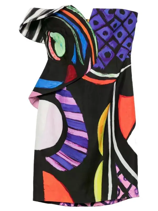 Moschino Abstract Print Asymmetrical Ruffled Dress - Black