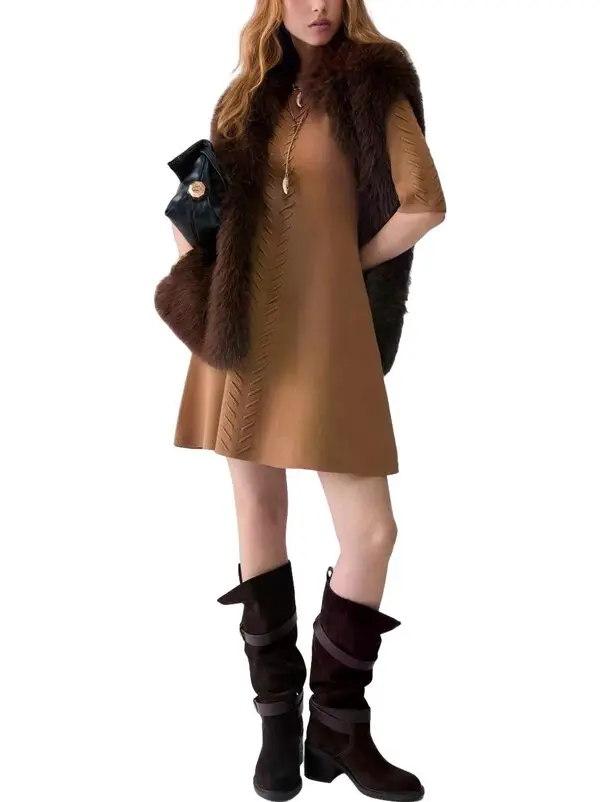 Liu Jo Knit Fit & Flare Dress With Crossover Sleeve Detail - Neutrals