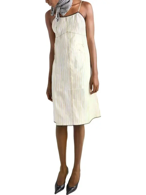 Prada Striped Midi Dress With Lace Trim And Bow Appliqu - Neutrals