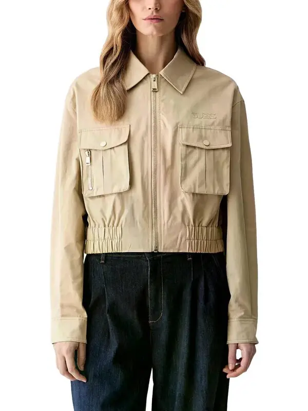 Guess Elasticated Waistband Flap-pocket Jacket With Embroidered Logo - Neutrals