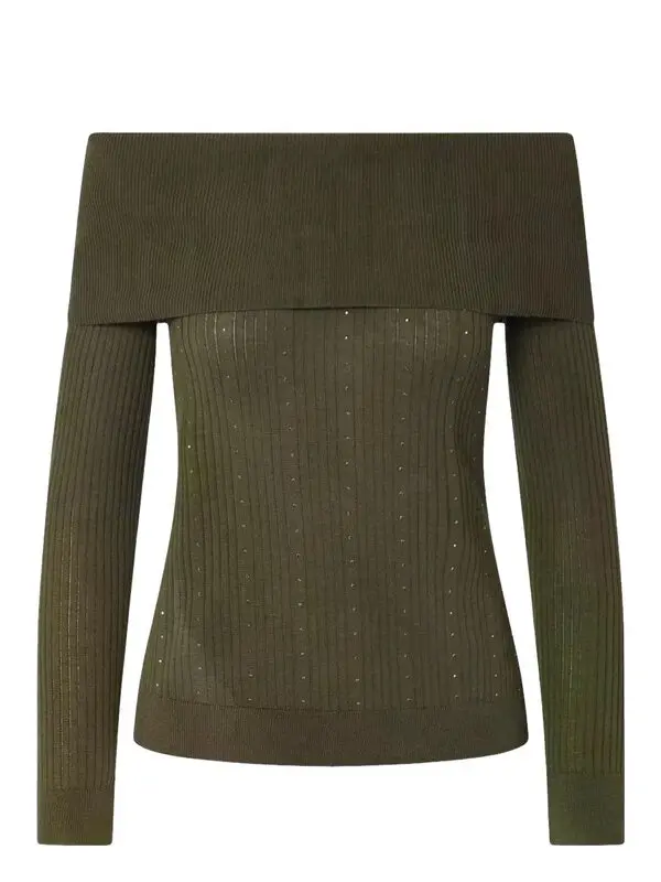 Liu Jo Wool Bardot Sweater With Micro Studs And Side Slit - Green