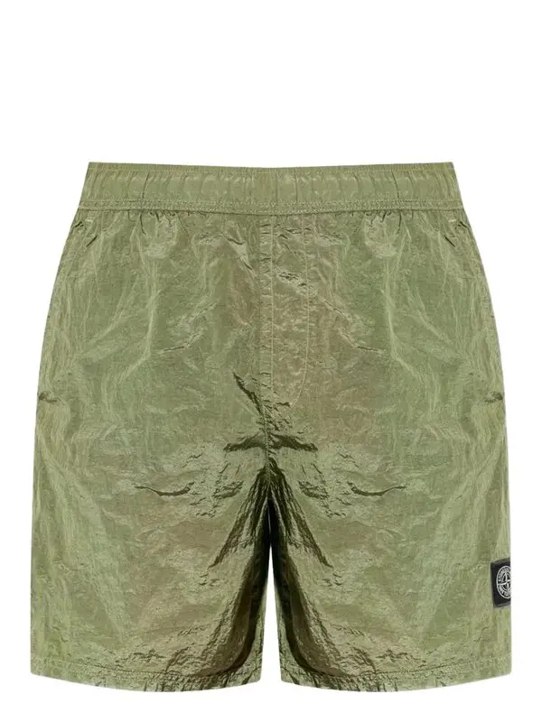 Stone Island Crinkled Swim Shorts With Logo Patch - Green