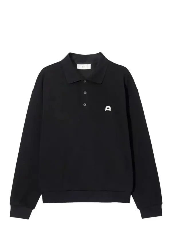 DUNST Leather Logo-patch Long Sleeve Polo Shirt - Black